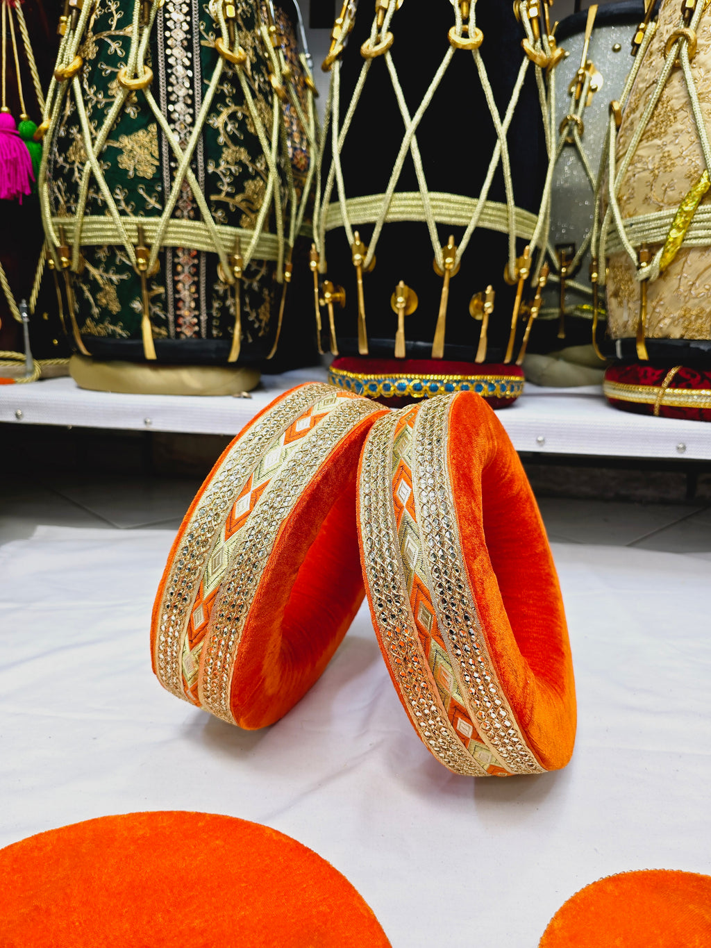 Sunburst Premium Tabla Rings – Orange & Gold Accents – Sangeet Store