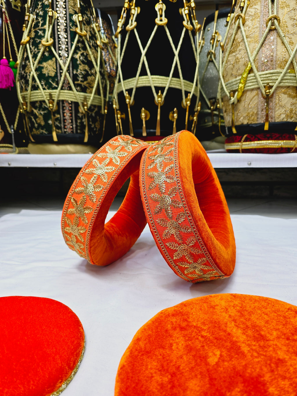 Golden Ember Tabla Rings – Premium Orange with Gold Design – Sangeet Store