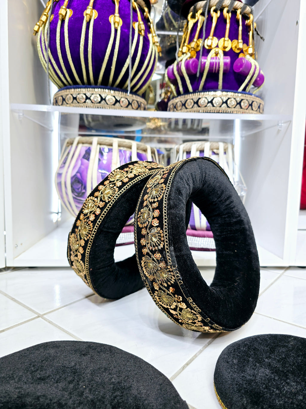 TaalDeep Tabla Ring Set – Black Bases with Bold Gold Floral Trim + Mat ...