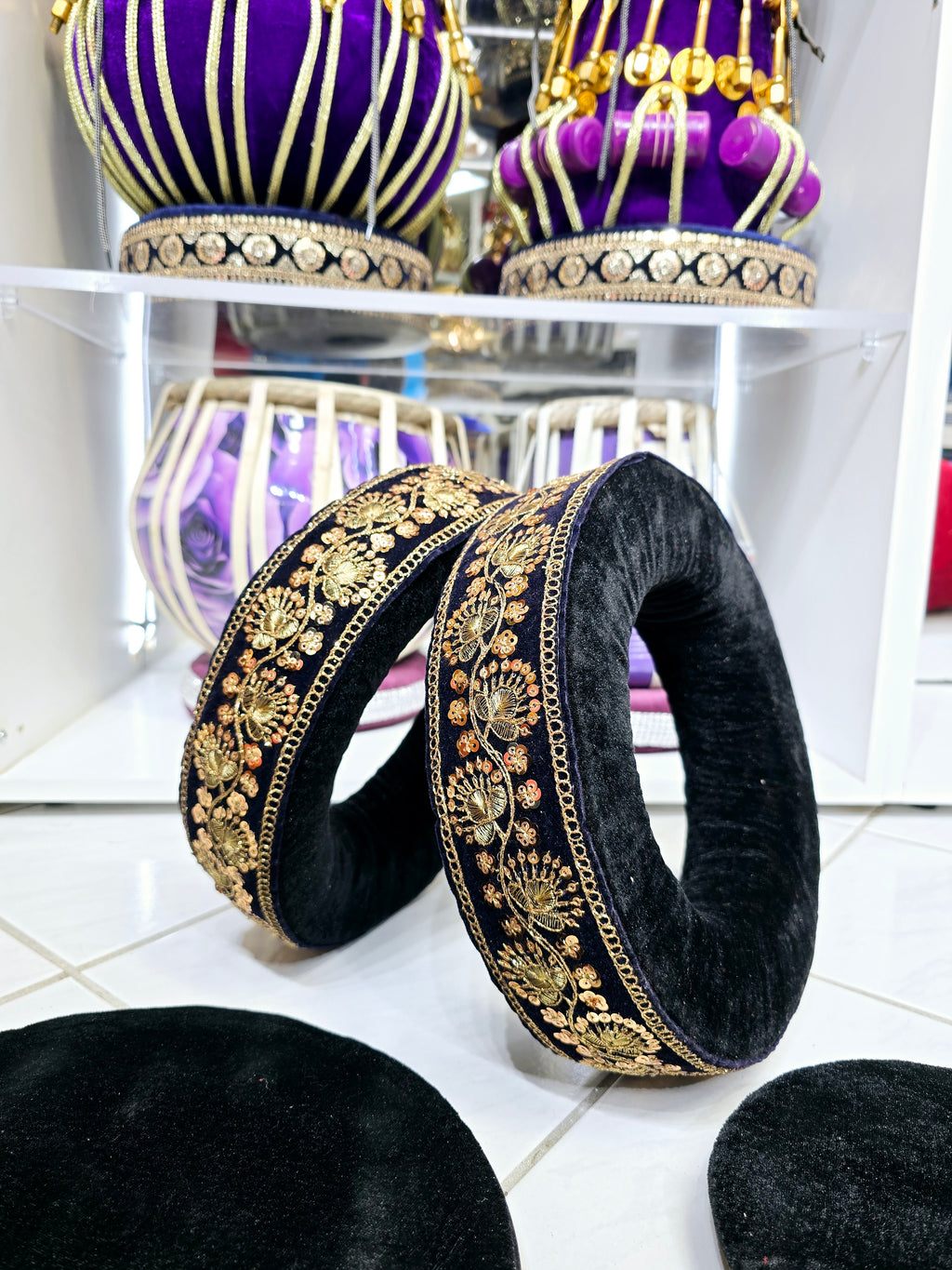Raag Mehal Tabla Ring Set – Black-Navy Cushioned Bases with Gold Flora ...