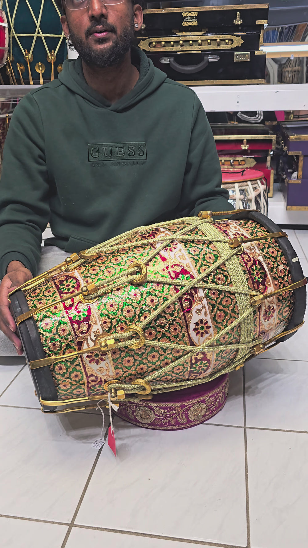 Zarif Mosaic — Designer-Wrapped Red Sheesham Dholak with Black Skins ...
